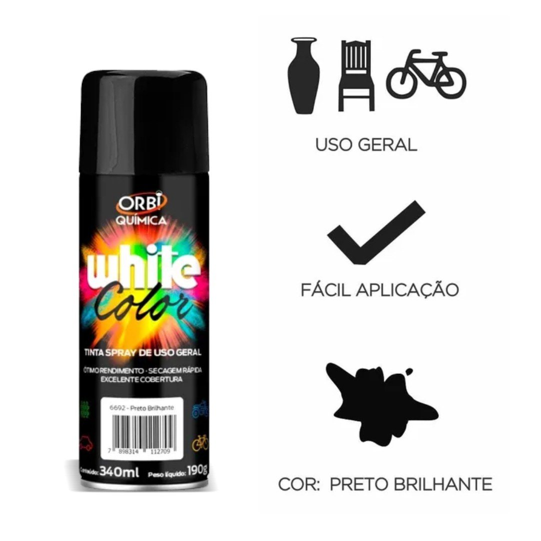 Tinta Spray White Color Uso Geral Preto Brilhante Pistão Shop