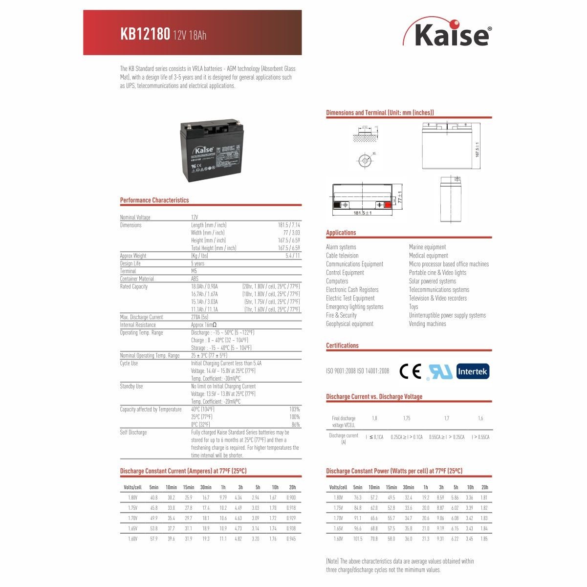 Bateria Estacionária VRLA 12V 18Ah Kaise KB12180 Pistão Shop